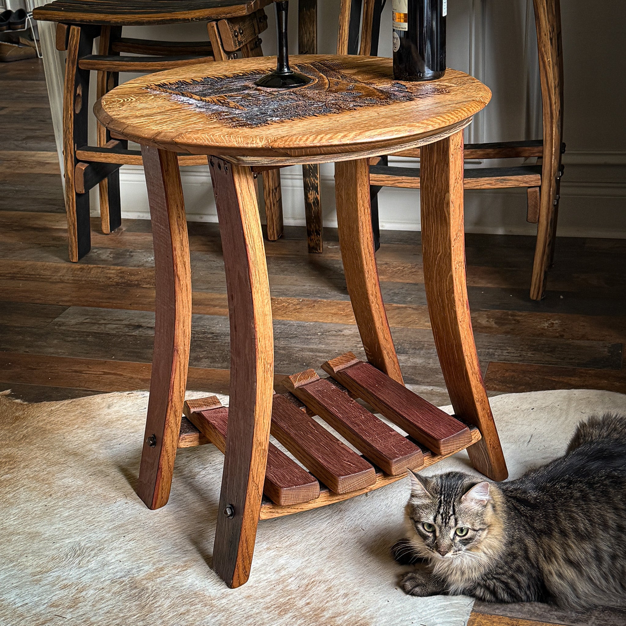 Reclaimed Wine Barrel Lid Table With Stave Legs & Shelf