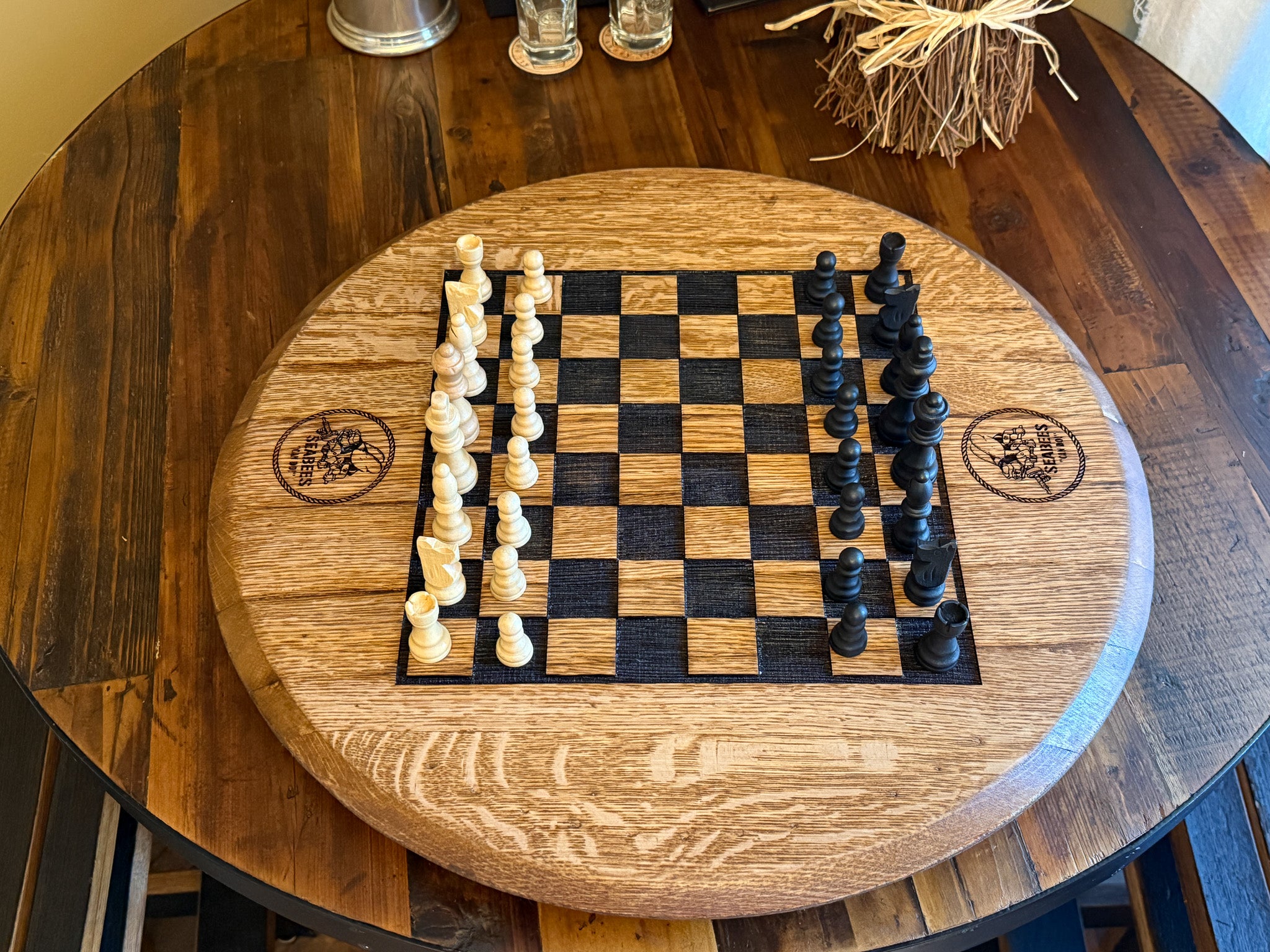 Laser Engraved Barrel Lid Chess & Checkers Board | Whiskey, Wine and Design